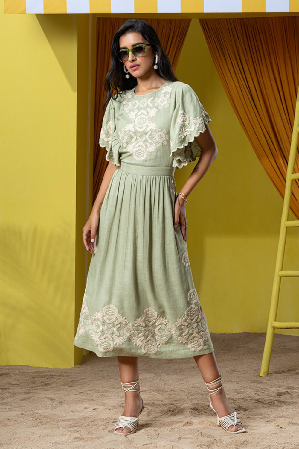 BOHO CHIC BY SUKRITI JAIN presents Flutter Sleeved All Over Embroidered Midi Dress available ...