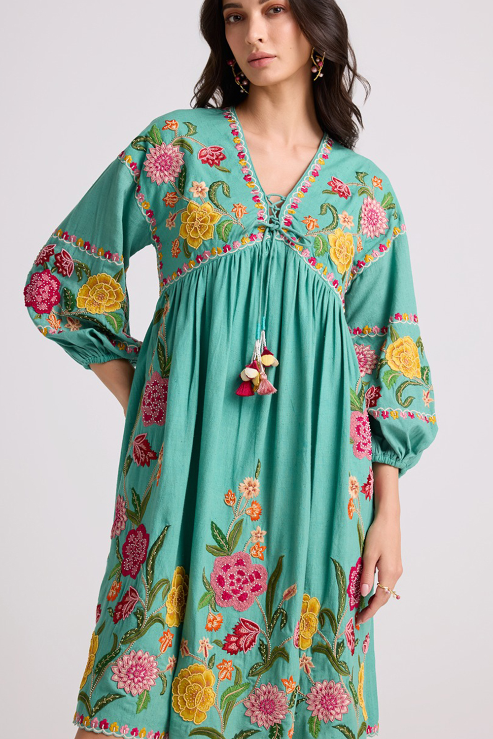 Aqua Embroidered Gathered Dress