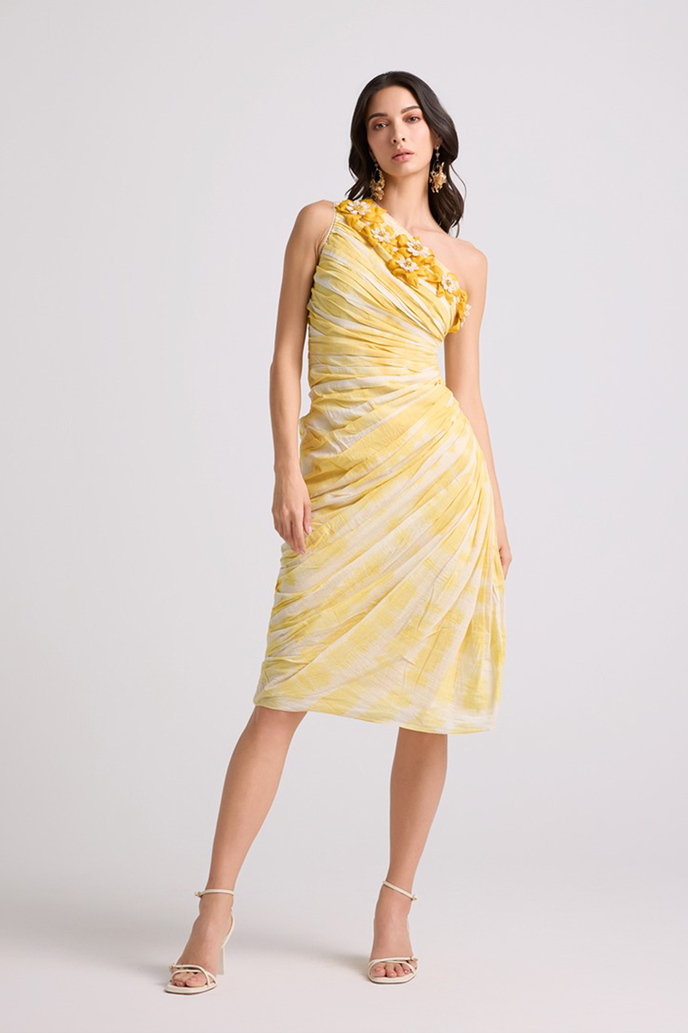 Yellow Tie-Dye Asymmetrical Ruched Dress